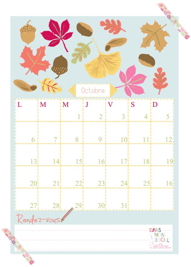 Calendrier d’octobre à imprimer | Dans Mon Bocal